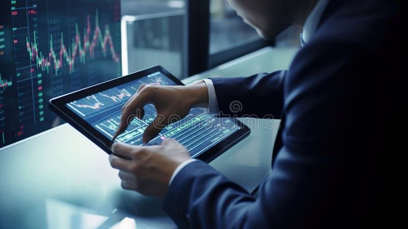 Stock Exchange Broker Working with Tablet at Table. Concept of ...
