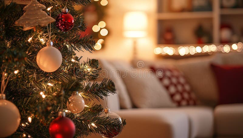 An Stock-generated Christmas Tree Close Up with a Blurry Living Room ...