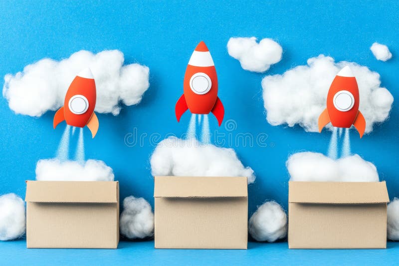 Stock Illustrates a Rocket Taking Off from a Blue-backgrounded ...