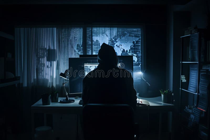 Title: "Hacker at Work: View from Behind in a Dark Room, Generative AI ...