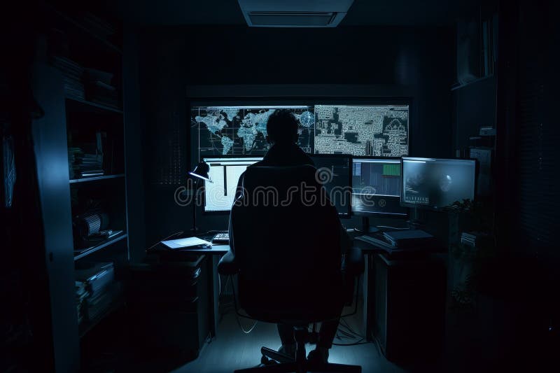 Hacker at Work: View from Behind in a Dark Room, Generative AI Stock ...
