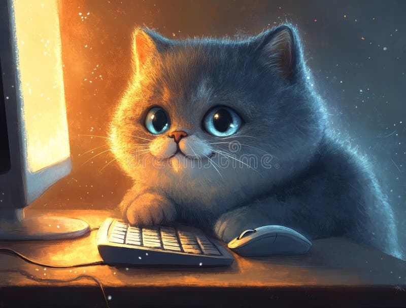 This Stock Illustration Depicts a Kitten Working at a Computer Stock ...