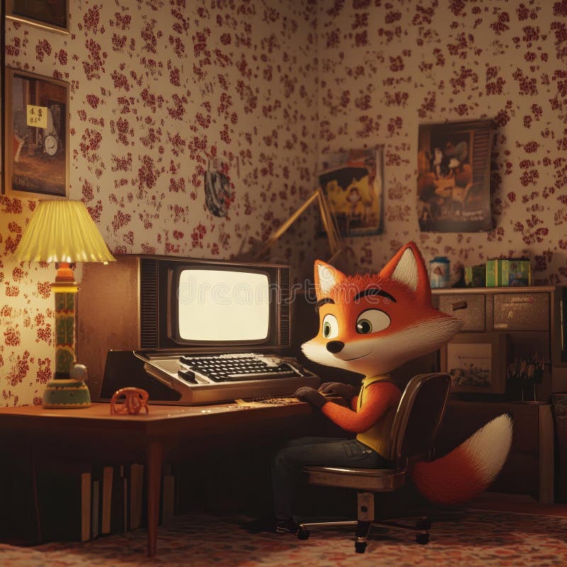 A Stock Illustration Features a Baby Fox at a Desk with a Computer and ...