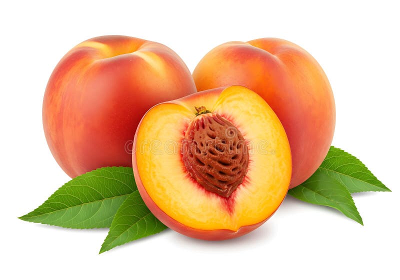 Three Fresh Peaches with Leaves, Isolated on White Stock Illustration ...