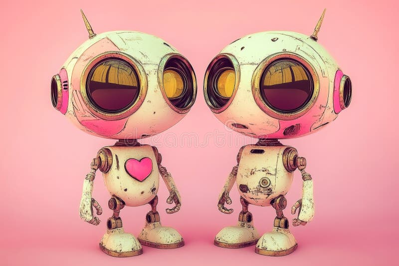 A Stock Image Features Two Cute Pink Robots with Hearts from a Retro ...