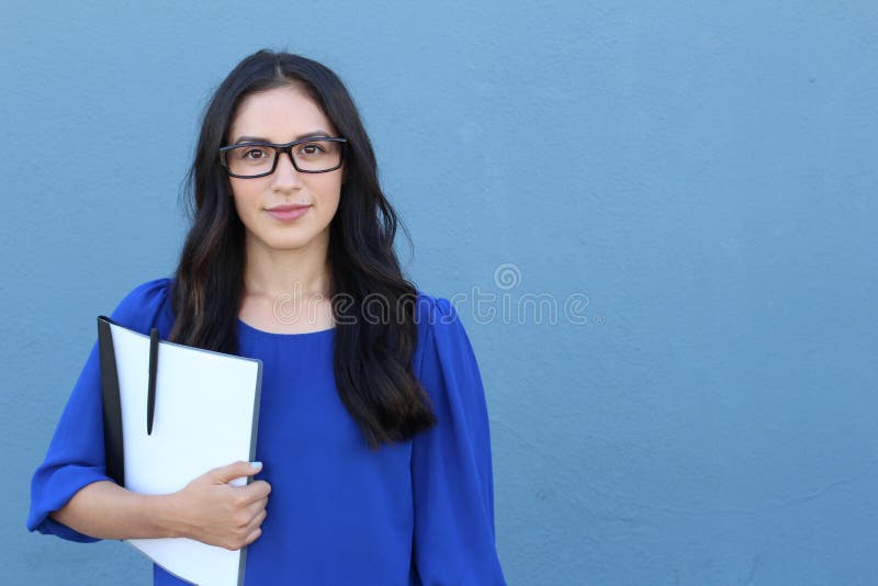 Stock Image of Female College Student Isolated on Blue Background Stock ...