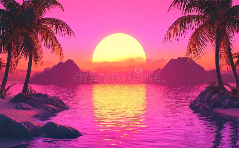 Stock Image of Neon Synthwave Background with Palm Trees, Water, and ...