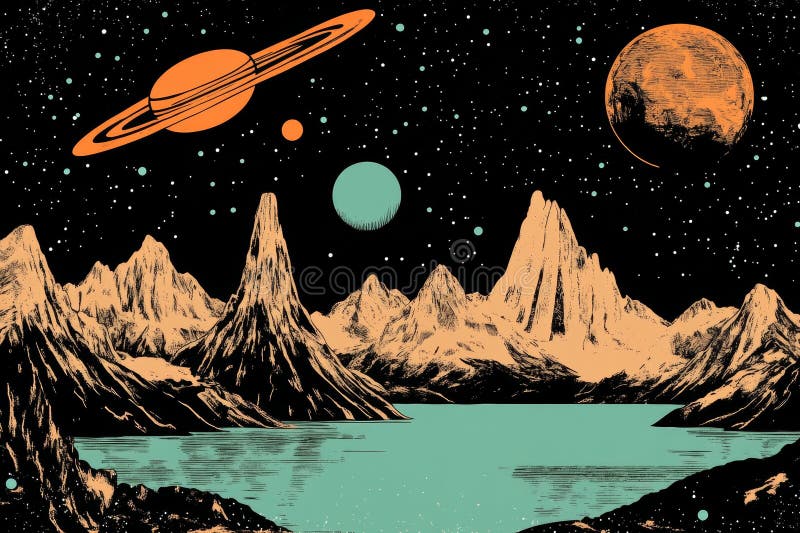 An Stock Image of a Retro-styled Sci-fi Scene with Mountains, Depicted ...