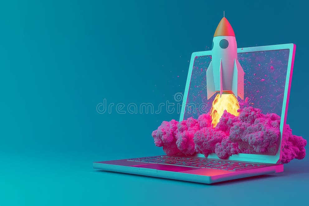 Stock Image of Rocket Coming Out of Computer Screen, Innovation and ...