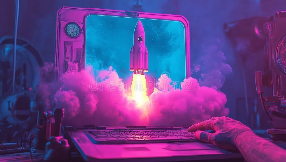 Stock Image of a Rocket Launching Out of a Laptop Screen with Abstract ...