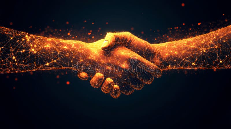 Stock Image of Two Digital Hands Shaking with Security Icons on a Dark ...