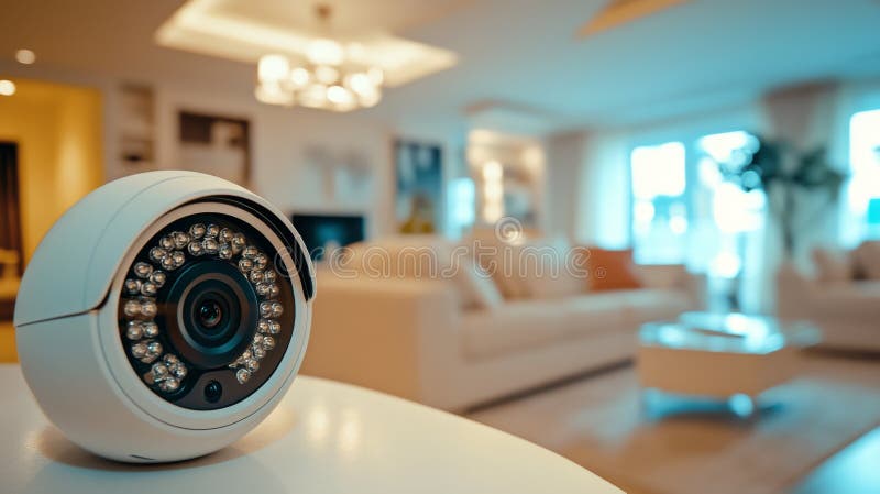 Stock Image of Wireless Security Camera on Table in Living Room. Stock ...