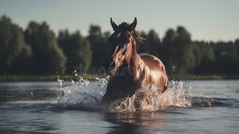 Bay Horse Splashing in Water. Equine Strength, River Run, Wild Freedom ...
