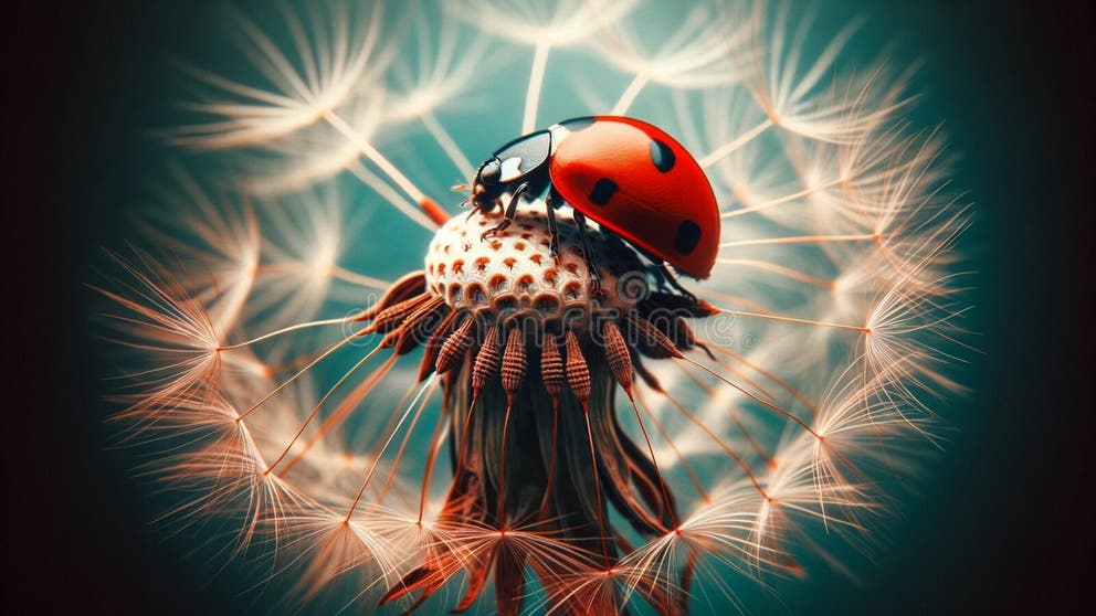 Whimsical Fluff: Macro Beauty of a Ladybug on a Dandelion Sphere Stock ...