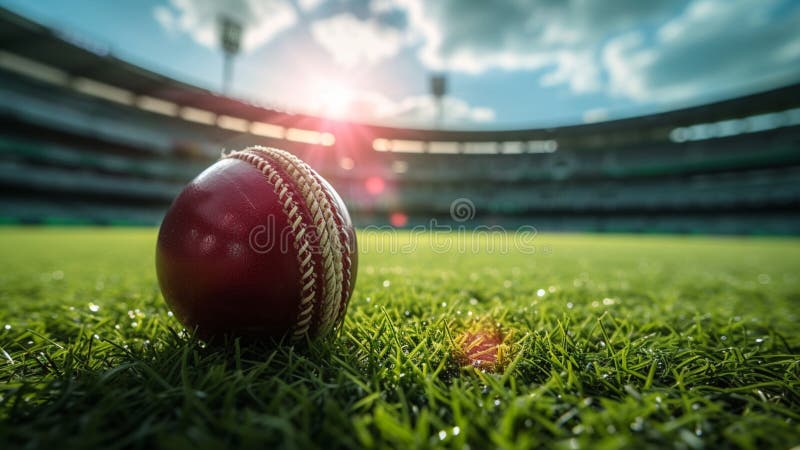 Sunlit Cricket Ball on Green Grass Field in Stadium Stock Illustration ...