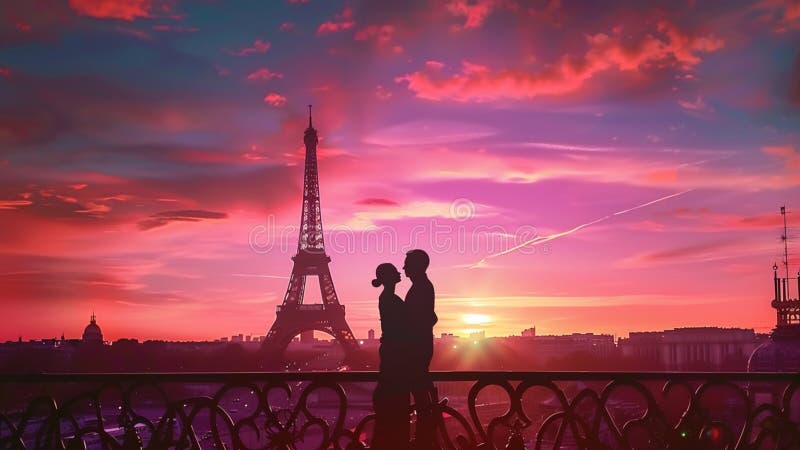 Couple in Love Overlooking Eiffel Tower during Sunset - Romantic Paris ...