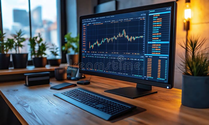 Stock Market Analysis on Computer Screen in Modern Office with Plants ...