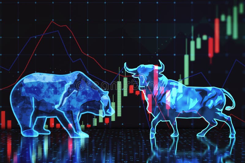 Stock Market Battle between Bear and Bull in Blue. Stock Illustration ...
