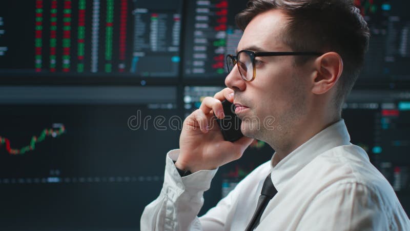 Broker, Man or Talking with Headset at Computer for Client Portfolio ...
