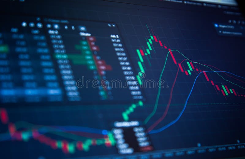 Stock Market Chart on Blue Background. Share Drop Down and Stock Up ...