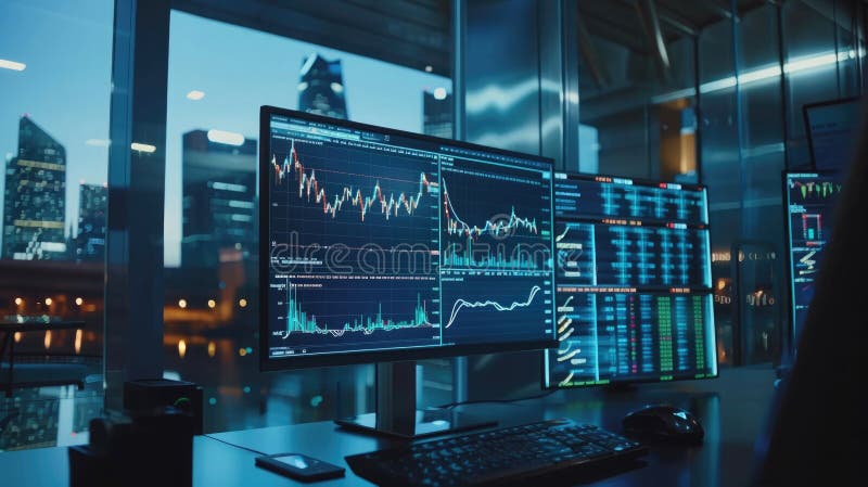 Stock Market Charts and Statistics on Big Screen. Stock Illustration ...