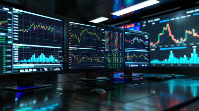 An Array of Computer Monitors Showing Trading Graphs and Stock Market ...