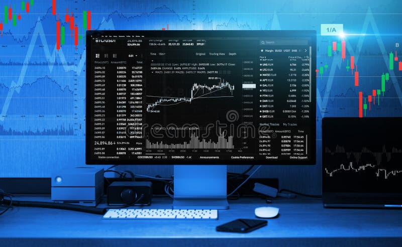Stock Market and Crypto daily Trader Workstation Stock Photo - Image of ...