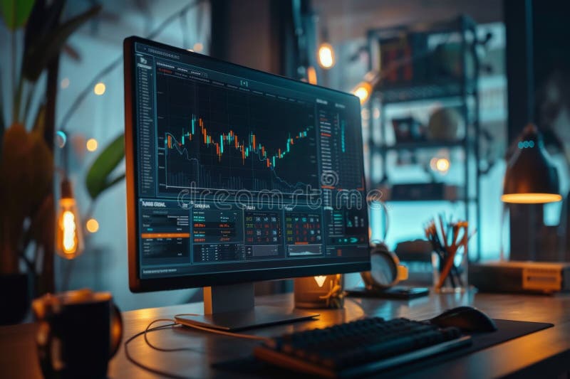 Stock Market Data Displaying on Computer Screen in Office at Night ...