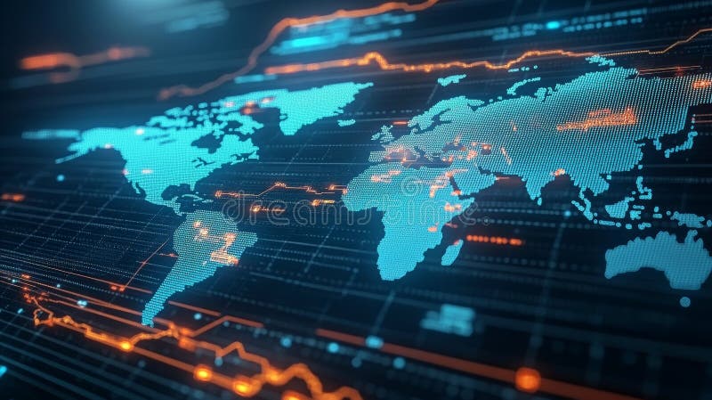 Stock Market Data Visualization Dotted Blue World Map with Fluctuating Lines and Stock Charts ...