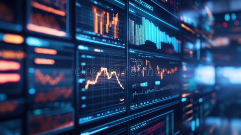 Stock Market Data Visualizing Panel Showing Trading Charts Fluctuating ... Stock Market Data Visualizing Panel Showing Trading Charts Fluctuating ...