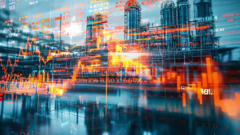 Stock Market Graph Overlaying an Industrial Power Plant at Sunset Stock ...