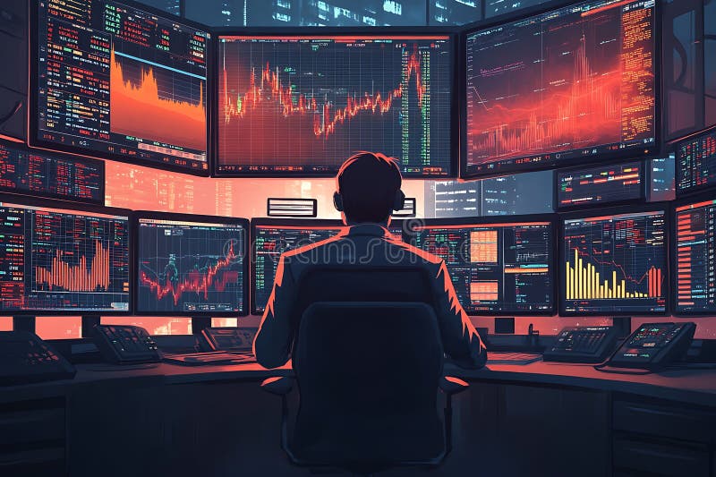 Stock Market Trader Working Late Stock Illustration - Illustration of ...