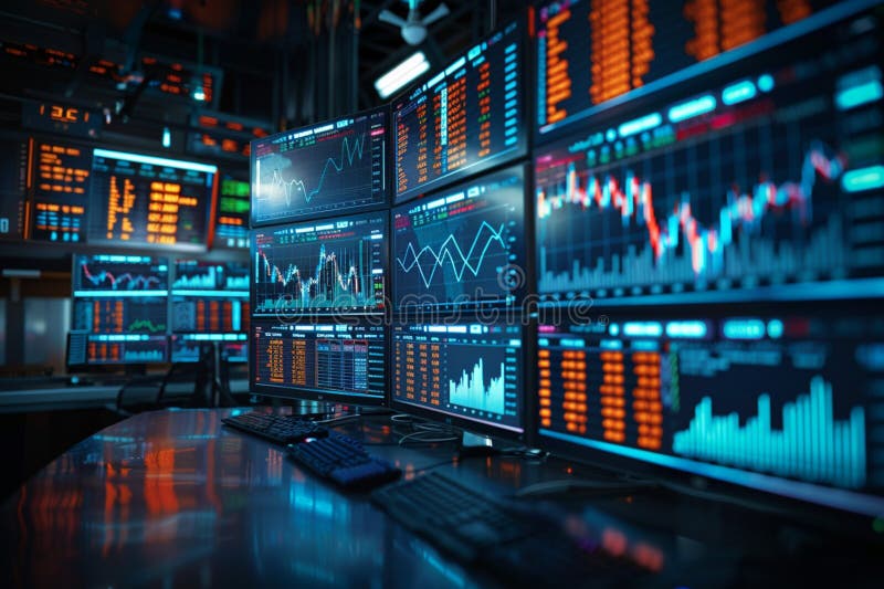 Stock Market Trading Floor Equipped with Multiple Screens for Analysis ...