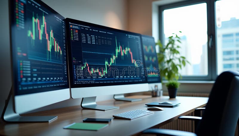 Stock Market Trading Setup: Dual Monitors and Data Charts Stock ...
