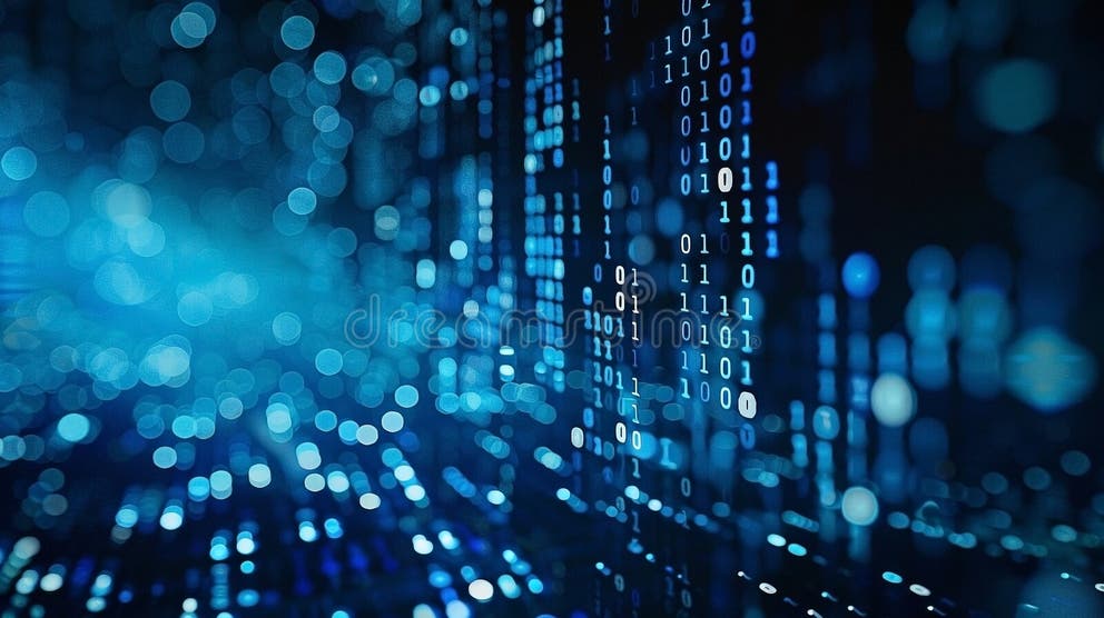 Futuristic Digital Binary Code Background with Bokeh Effect in Dark Blue Stock Illustration ...