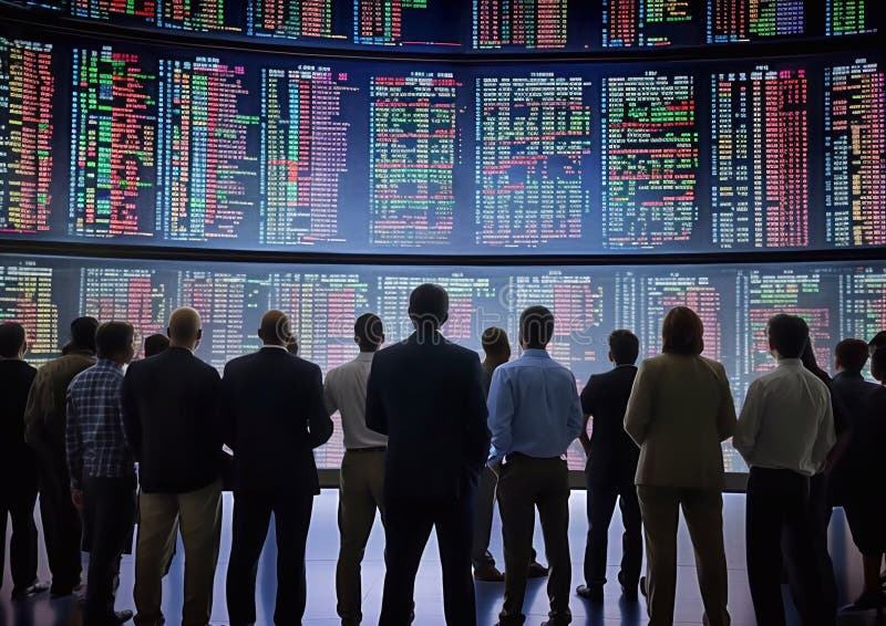 Stock and Shares Traders Looking at Financial Graph on Big Screen.Macro ...