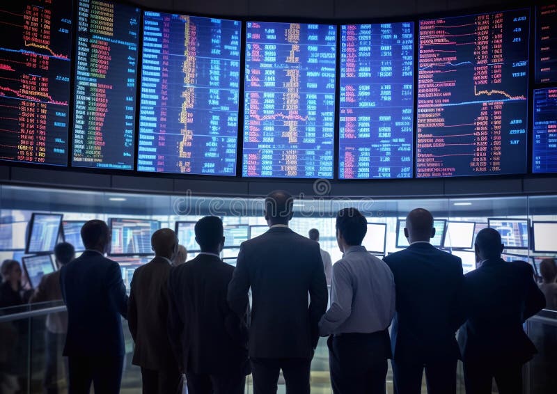 Stock and Shares Traders Looking at Financial Graph on Big Screen.Macro ...