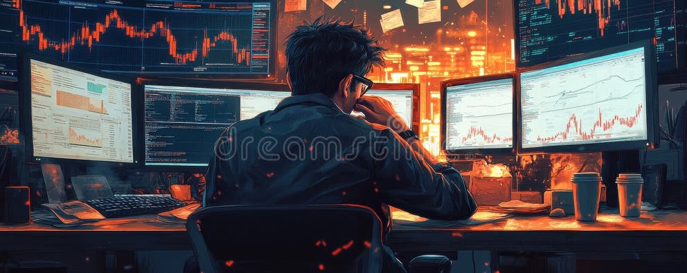 Stock Trader Analyzing Multiple Monitors with Stock Charts and Data ...