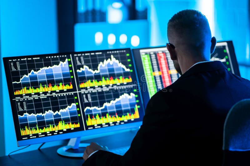 Stock Trader Man Using Multiple Computers Stock Photo - Image of trade ...