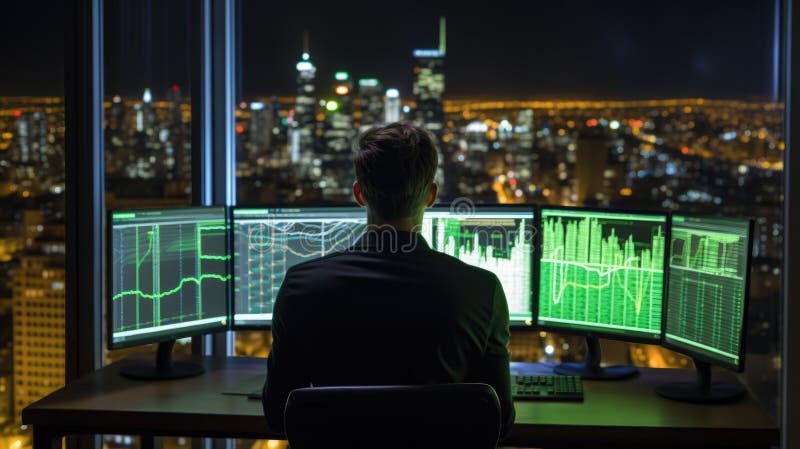 Stock Trader Man Using Multiple Monitors Back View Ai Generated Stock Image Image Of