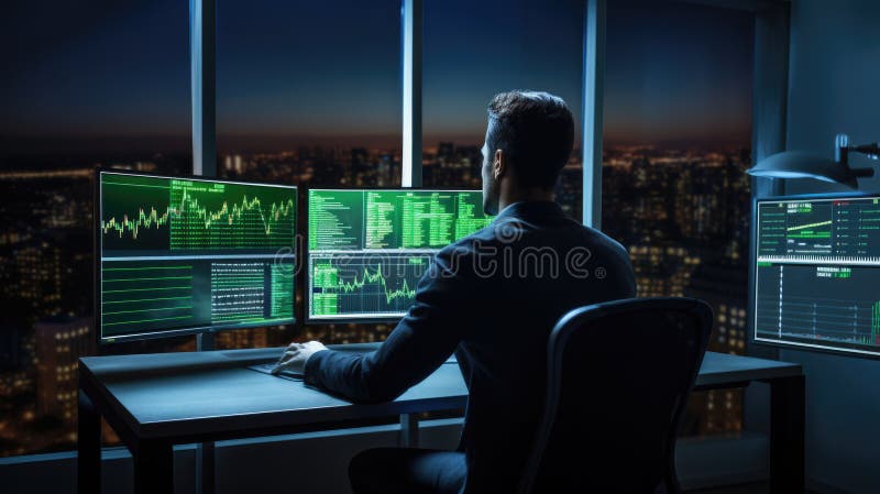 Stock Trader Man Using Multiple Monitors Back View Ai Generated Stock Image Image Of Graph