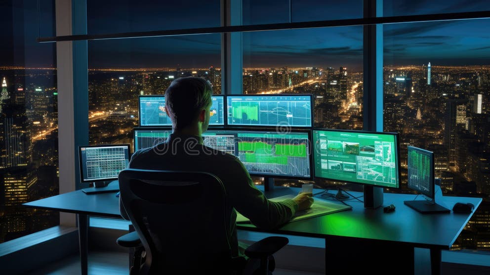 Stock Trader Man Using Multiple Monitors. Back View.. AI Generated Stock Image - Image of ...