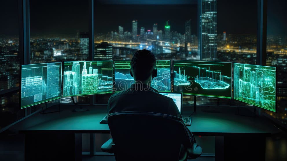 Stock Trader Man Using Multiple Monitors. Back View.. AI Generated Stock Image - Image of ...