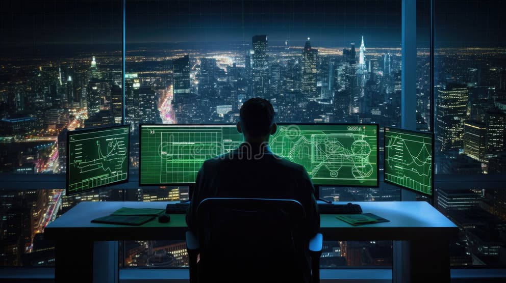 Stock Trader Man Using Multiple Monitors. Back View.. AI Generated Stock Photo - Image of market ...