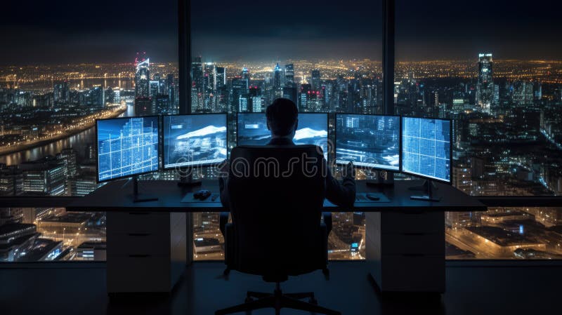 Stock Trader Man Using Multiple Monitors. Back View.. AI Generated ...