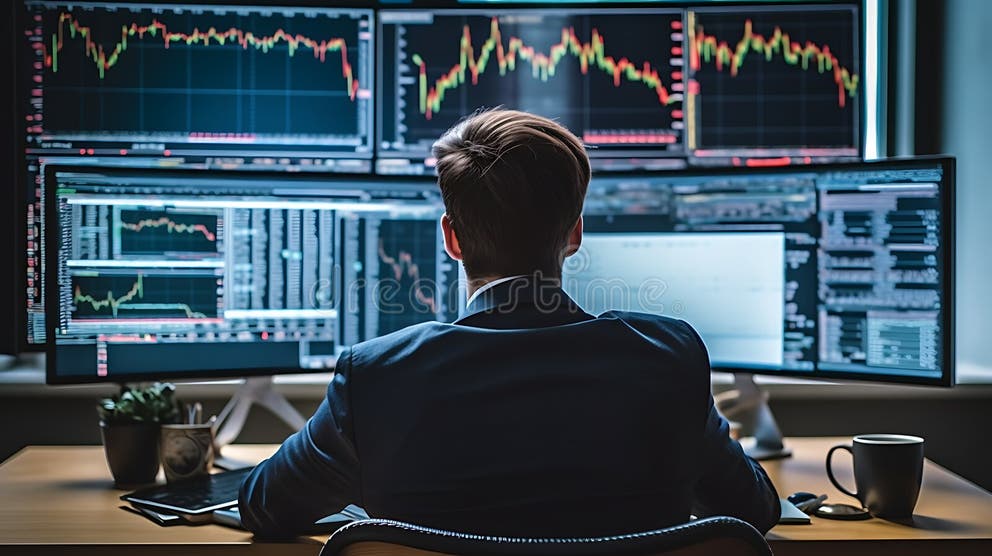 Stock Trader Man Using Multiple Monitors Back Viewcreated With Generative Ai Technology Ai