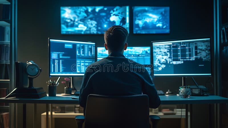 Stock Trader Man Using Multiple Monitors while Working at Night. Back ...