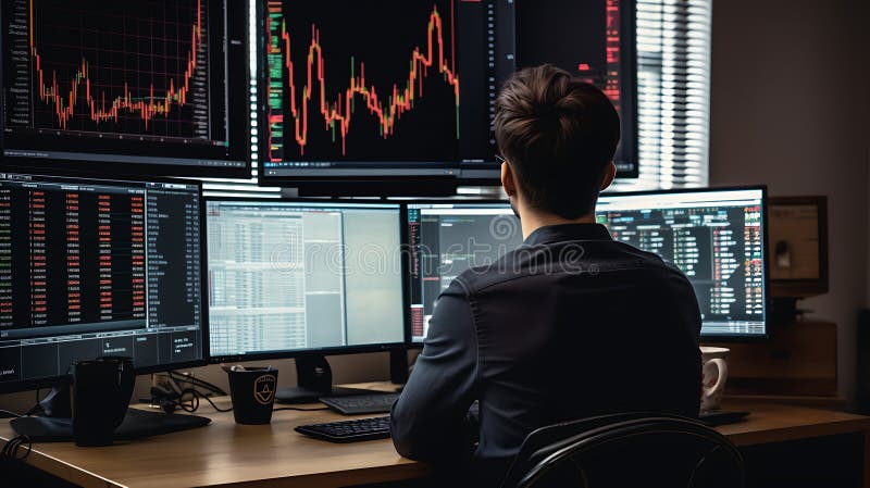 Stock Trader Man Using Multiple Monitors while Working at Night. Back View.Created with ...