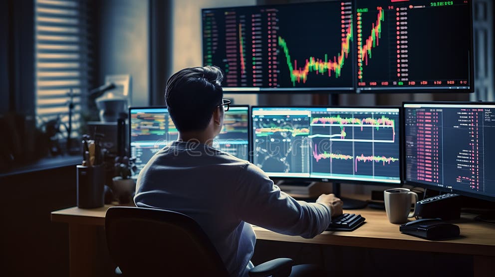 Stock Trader Man Using Multiple Monitors while Working at Night. Back ...