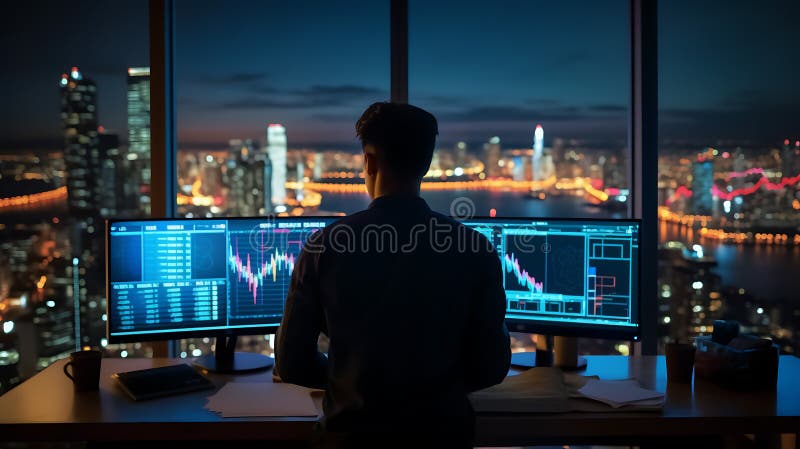 Stock Trader Man Using Multiple Monitors while Working at Night. Back View.Created with ...